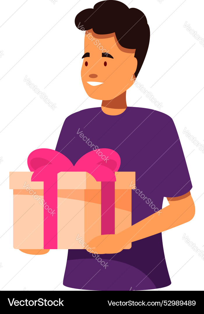 Young man holding present gift box with ribbon Vector Image