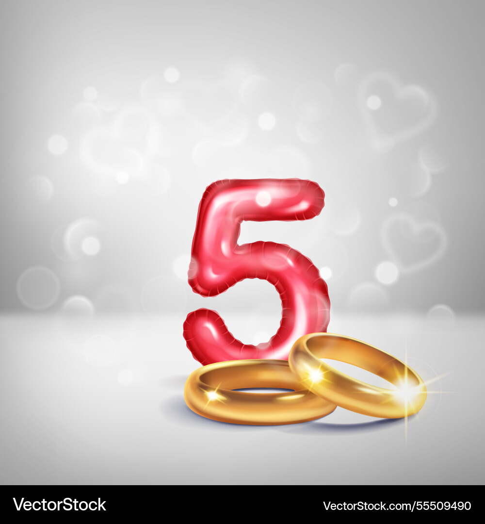 Red number 5 and gold wedding rings Royalty Free Vector