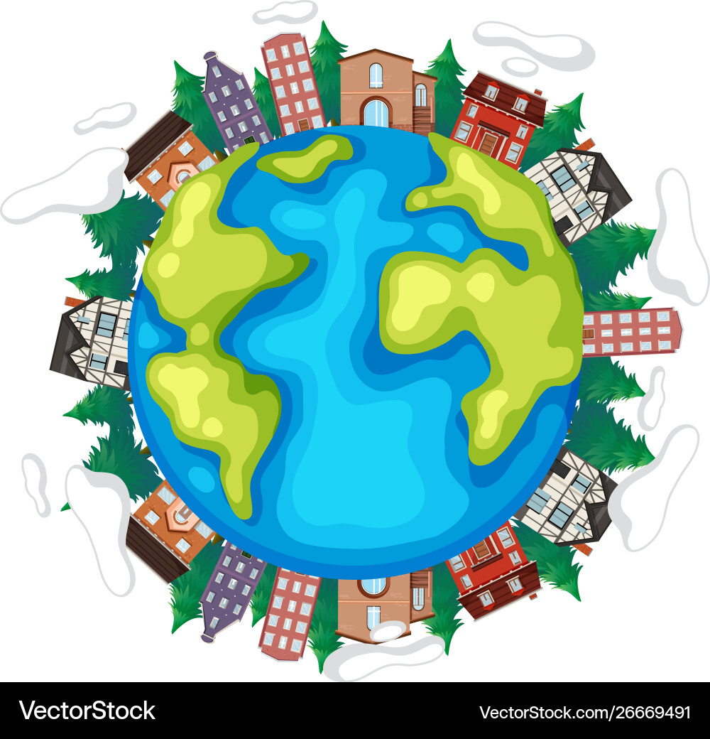 Earth with houses and trees Royalty Free Vector Image