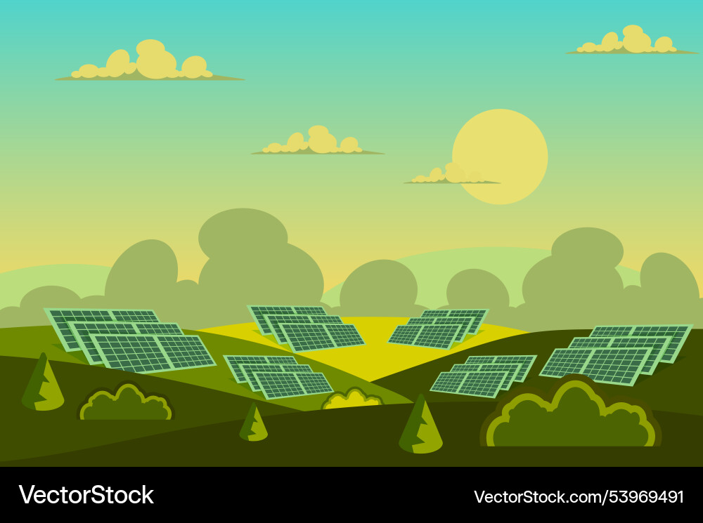 Solar panels in field landscape background Vector Image