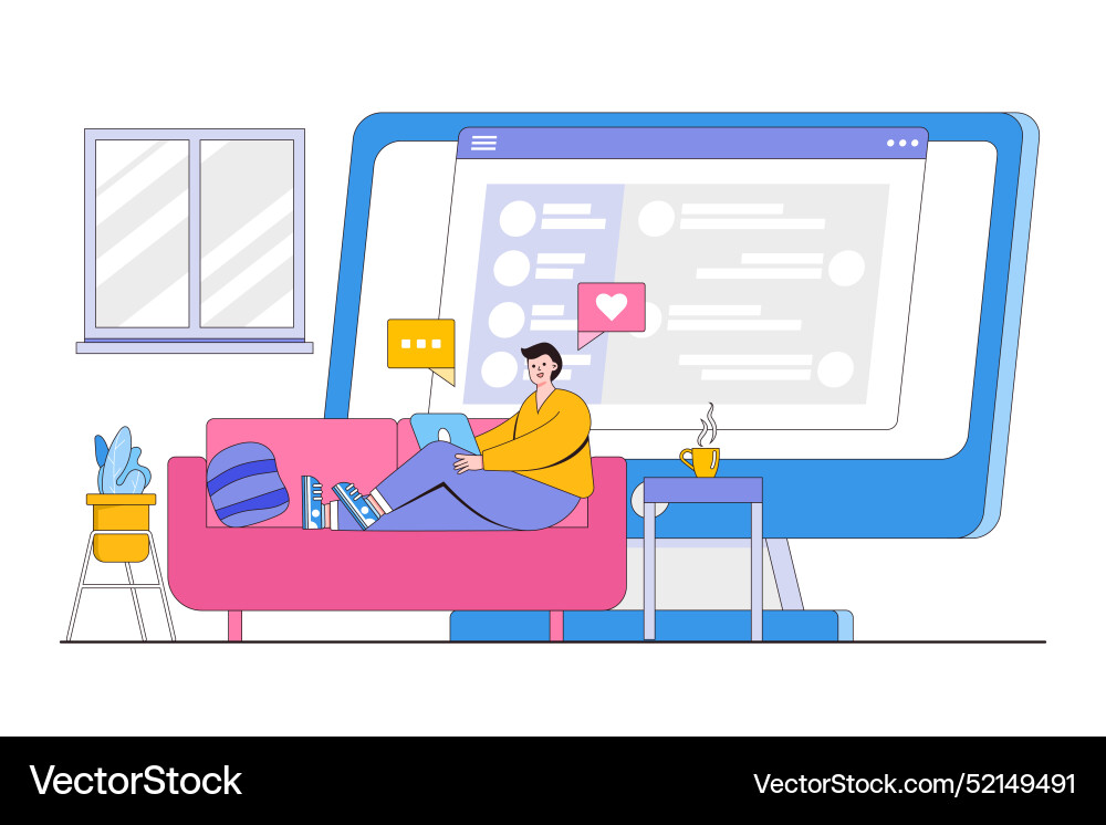 Young man relaxing at sofa with laptop Royalty Free Vector