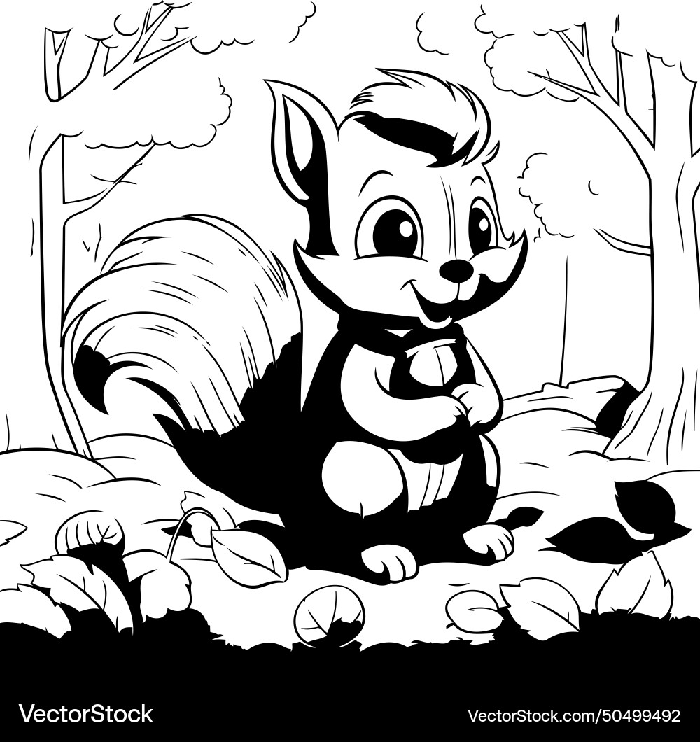 Squirrel in the forest black and white Royalty Free Vector