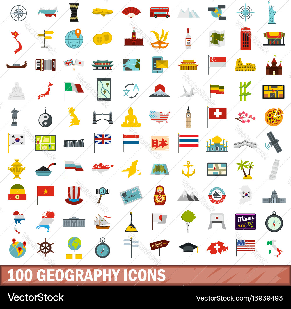 100 geography icons set flat style Royalty Free Vector Image