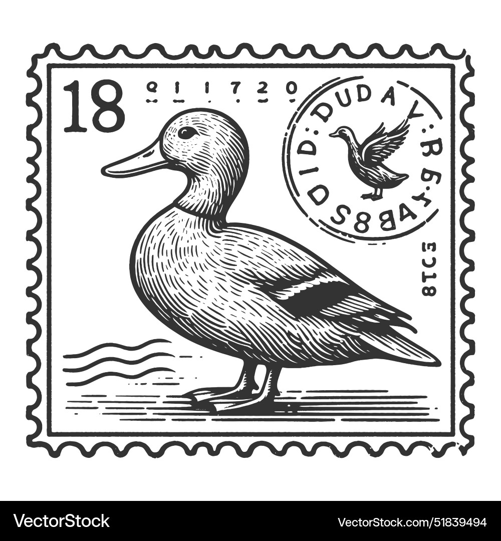 Duck postage stamp engraving Royalty Free Vector Image