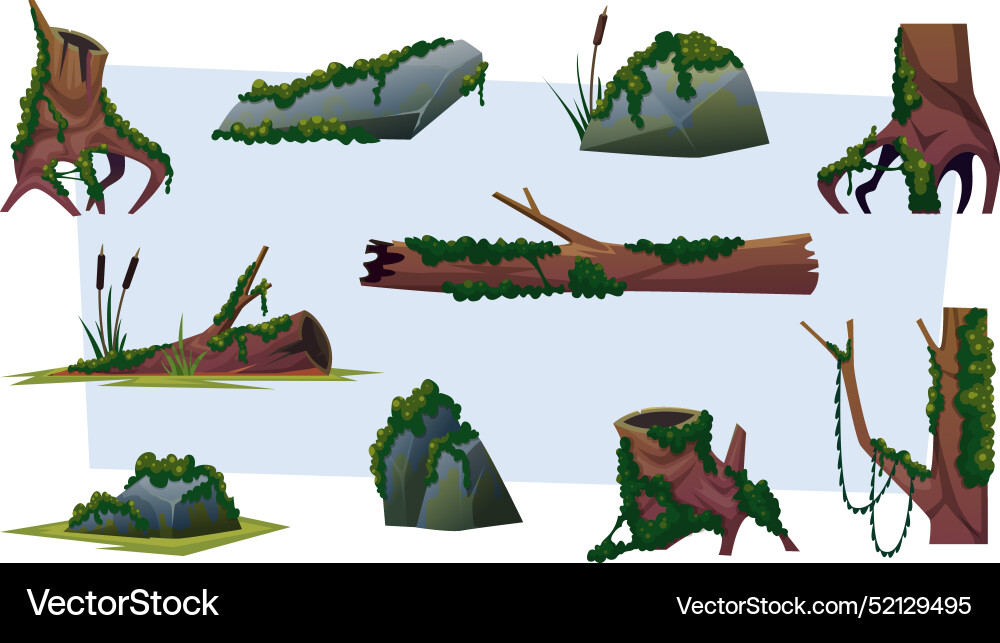 Cartoon moss forest plants game assets Royalty Free Vector