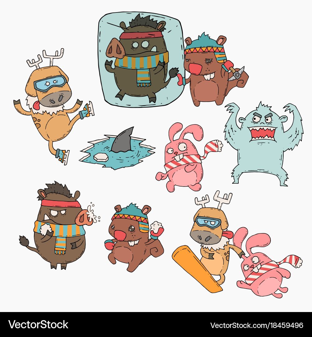 Winter animals cartoon set Royalty Free Vector Image
