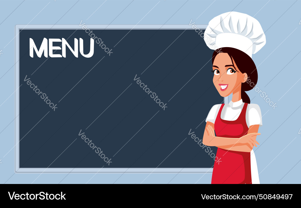 Chef standing near a menu blackboard cartoon Vector Image