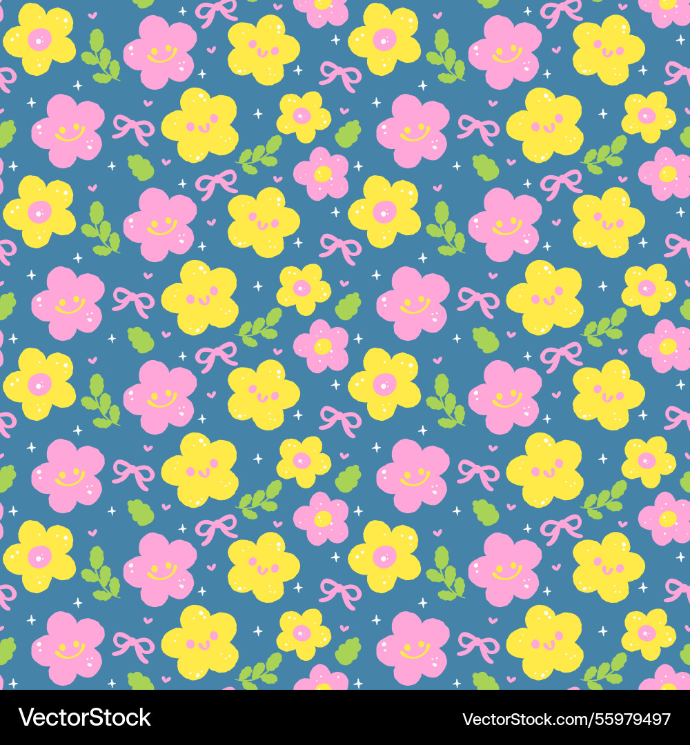 Cute spring flowers seamless pattern smiley Vector Image