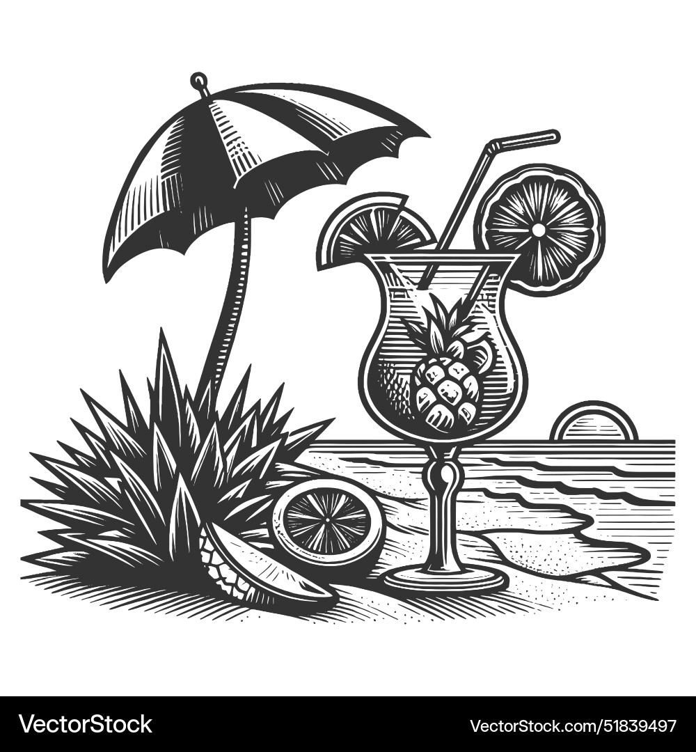 Tropical cocktail beach scene engraving Royalty Free Vector