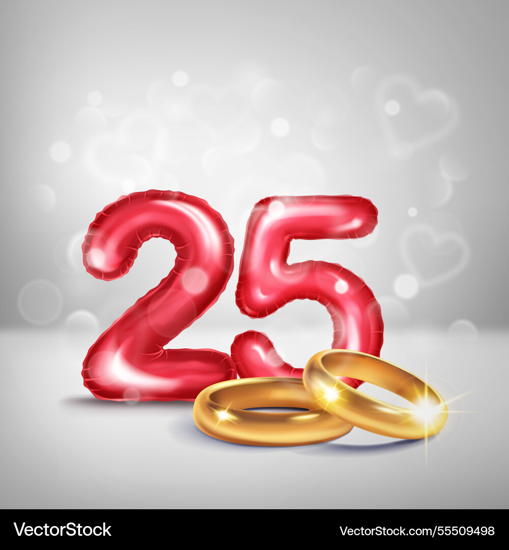 Red number 25 and gold wedding rings Royalty Free Vector