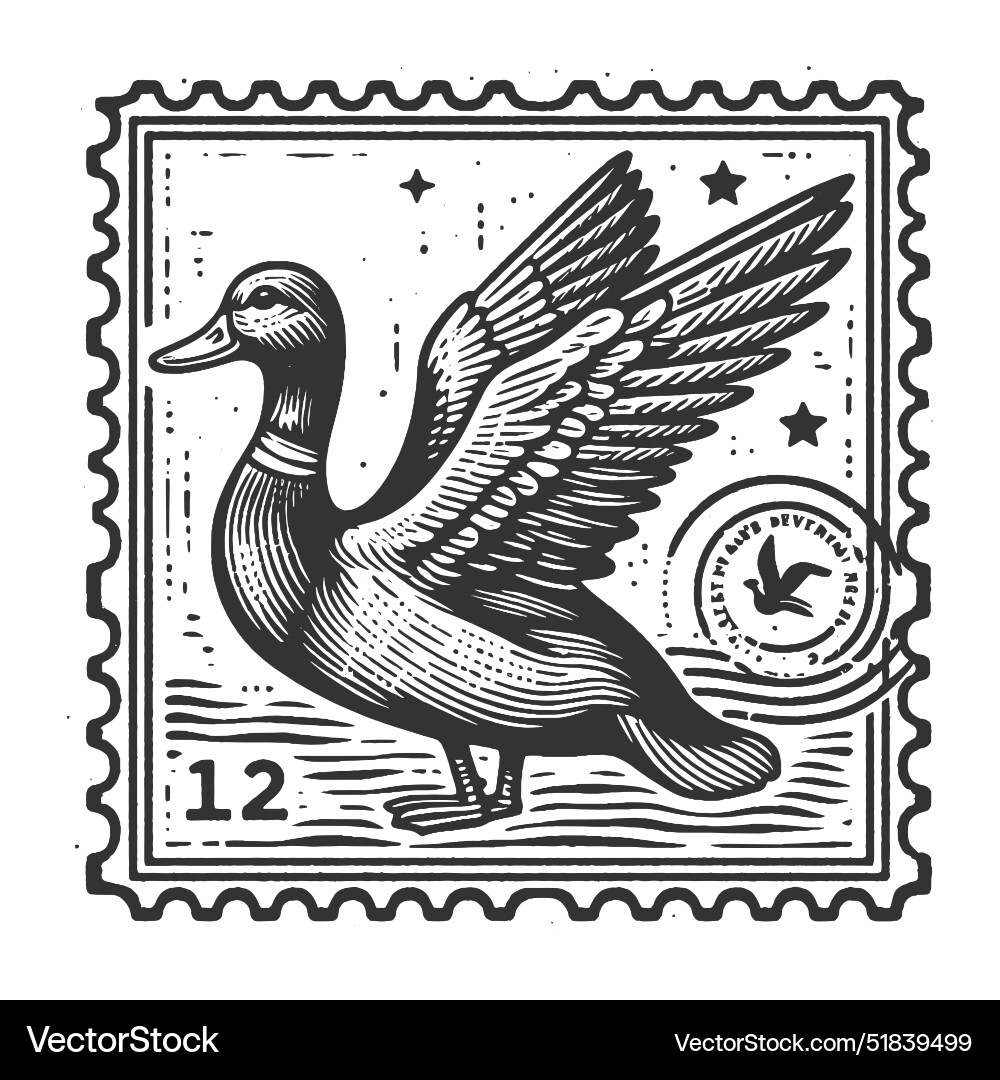 Duck postage stamp engraving Royalty Free Vector Image