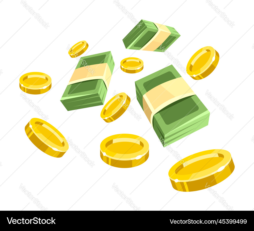 Gold coins dollars money in stacks falling down Vector Image