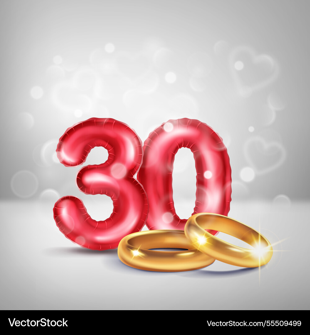 Red number 30 and gold wedding rings Royalty Free Vector
