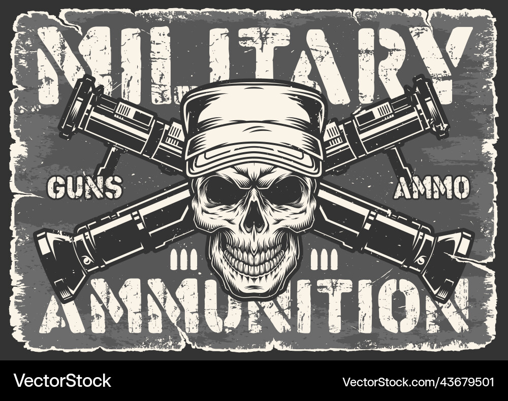 Military Ammo Sticker - Skull & Bazookas Vector Image