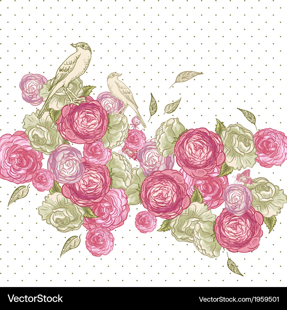 Rose background with birds and butterflies Vector Image