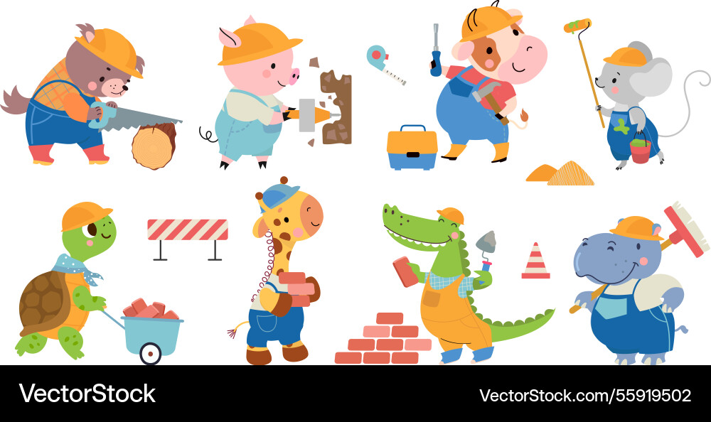 Cartoon animal builders cute animals working Vector Image