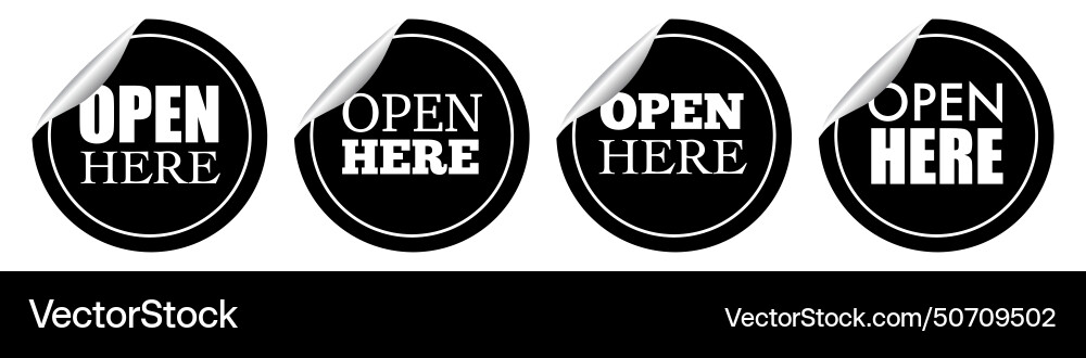 Open here sticker set black color Royalty Free Vector Image