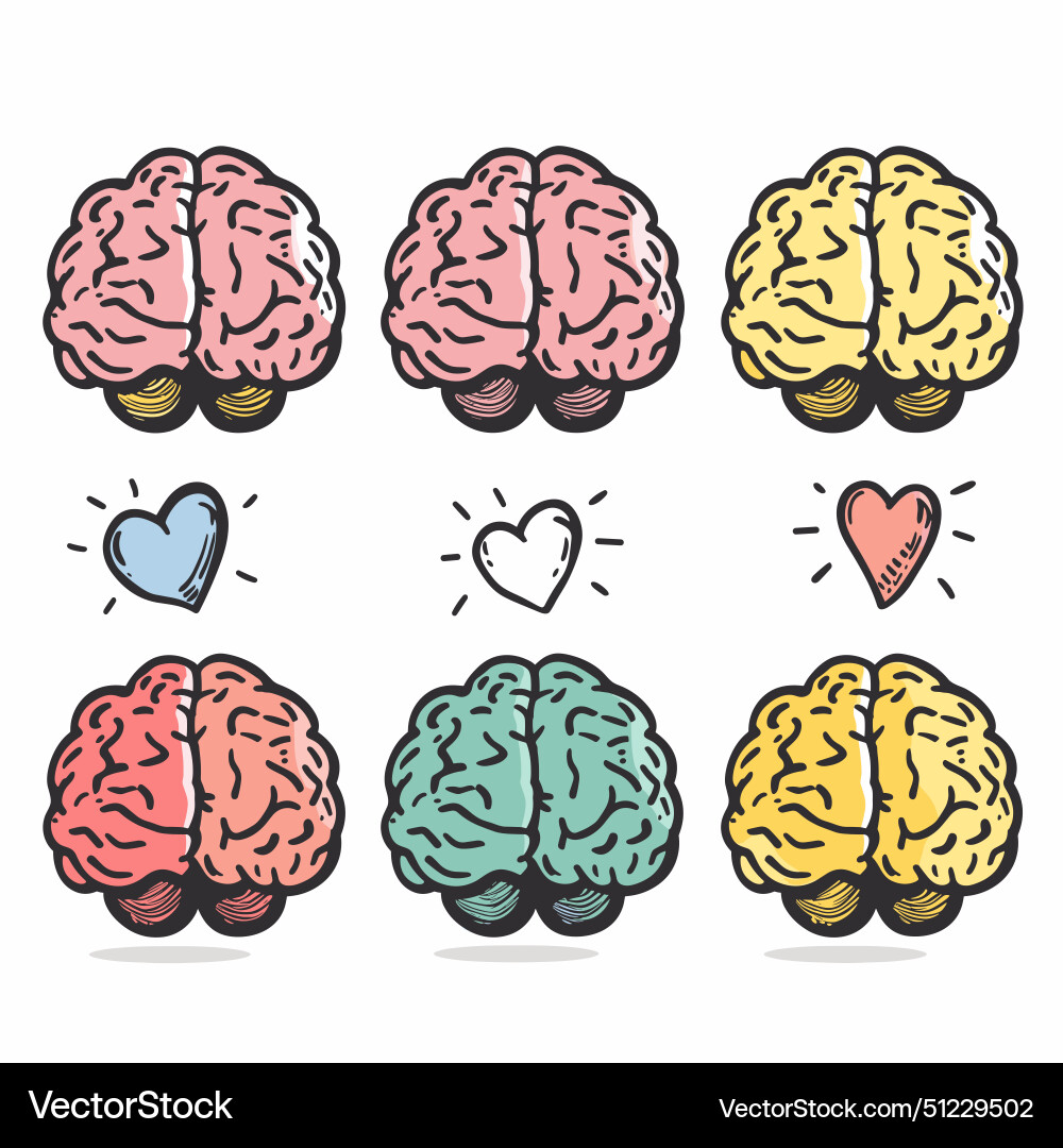 Six cartoon brains various colors lightbulb base Vector Image