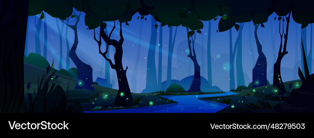 Fantasy night forest cartoon background Royalty Free Vector