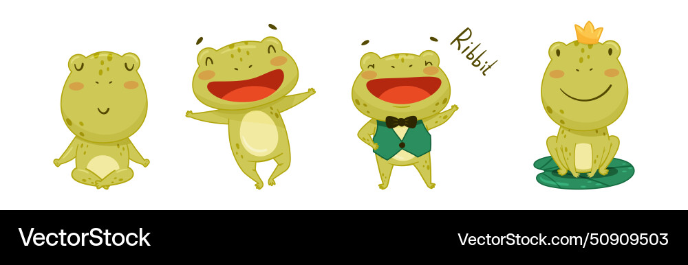 Funny green frog character engaged in different Vector Image