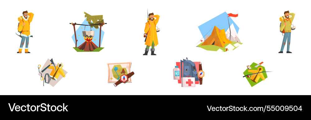 Camping equipment and man camper character Vector Image