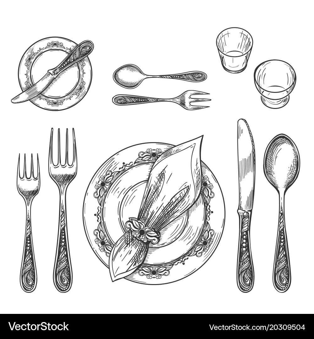 Table setting drawing Royalty Free Vector Image