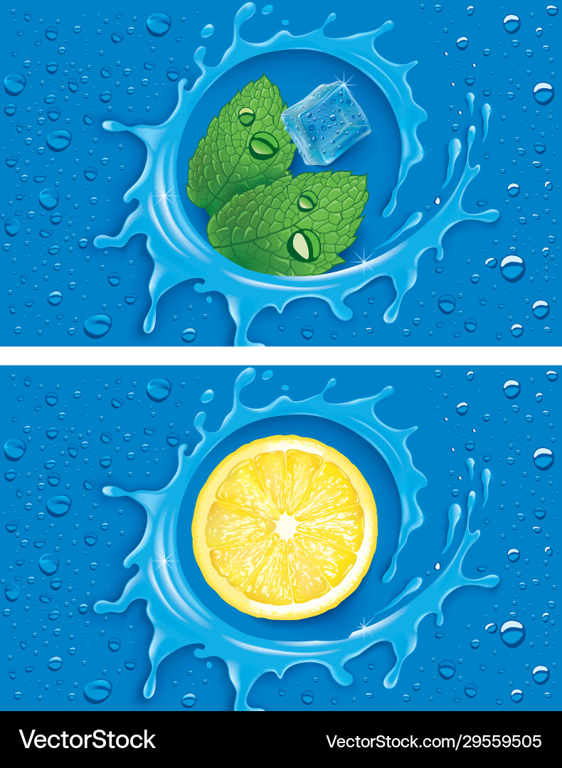 Blue water splash with many drops lemon Royalty Free Vector