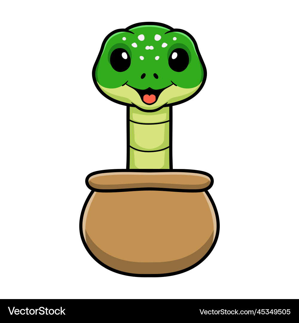 Cute green tree python cartoon out from pot Vector Image