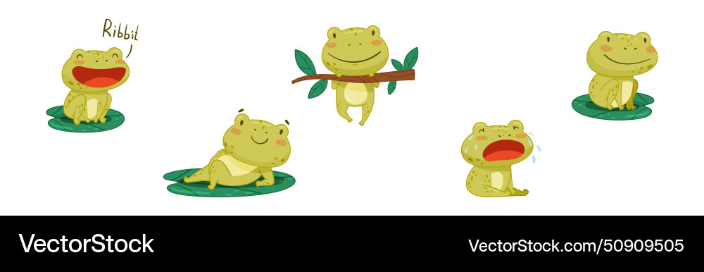 Funny green frog character engaged in different Vector Image