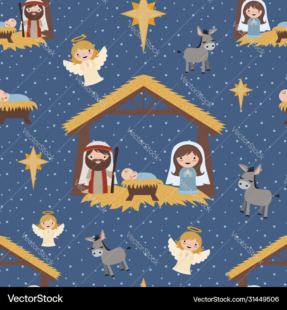 Blue christmas nativity scene seamless Royalty Free Vector