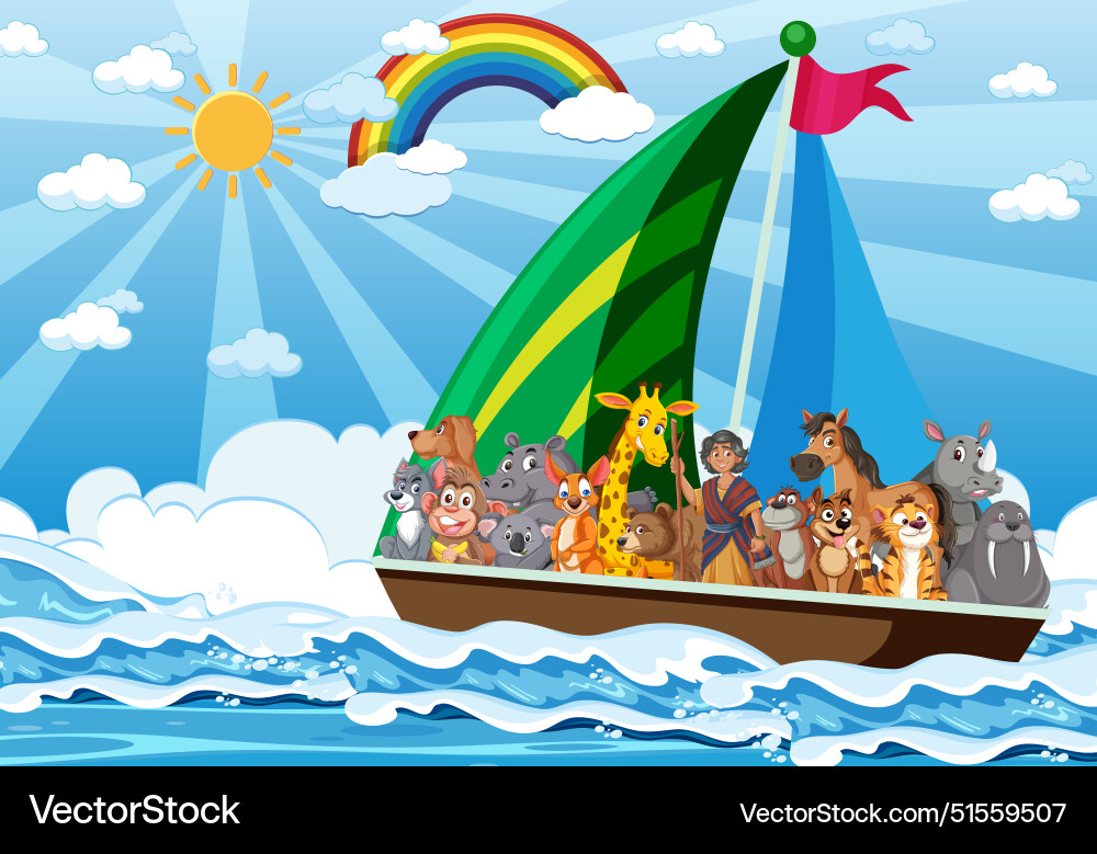 Animals on a boat with rainbow and sun Royalty Free Vector