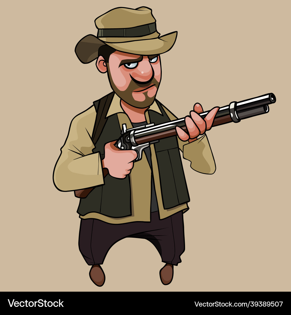 Cartoon serious man hunter wearing a hat Vector Image