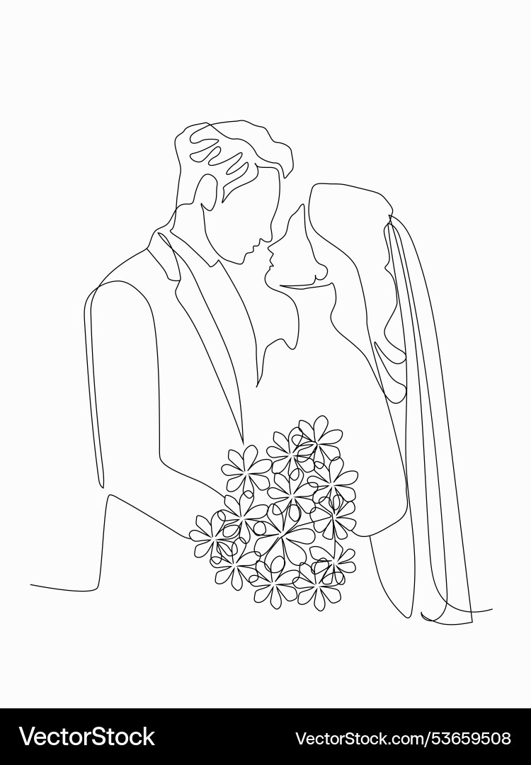 Line art doodle wedding couple bride Royalty Free Vector