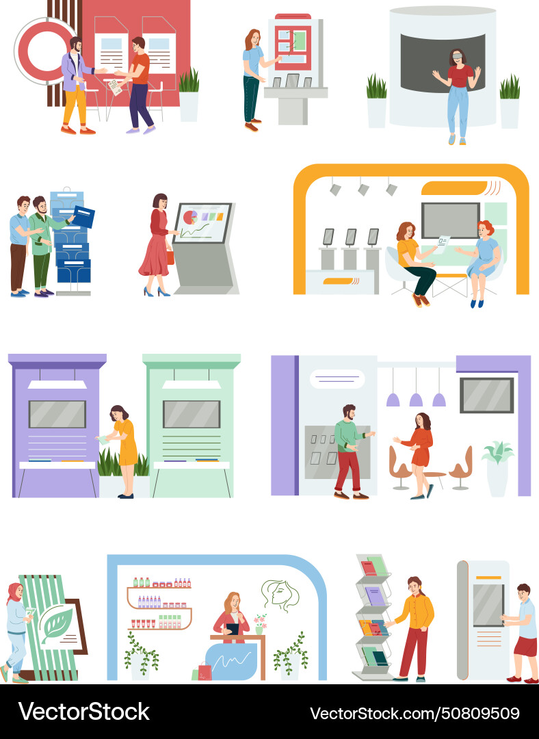 Exhibition booth flat set Royalty Free Vector Image