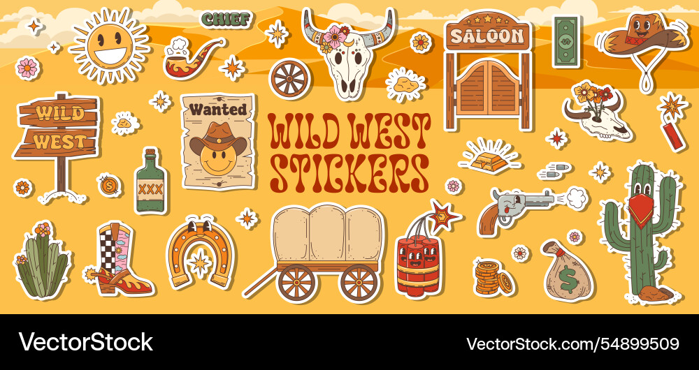 Wild west western groovy characters stickers pack Vector Image