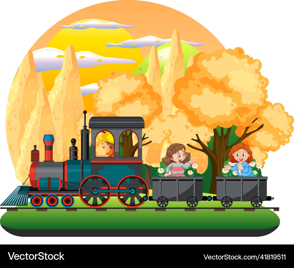 A kids in train with natural scene Royalty Free Vector Image