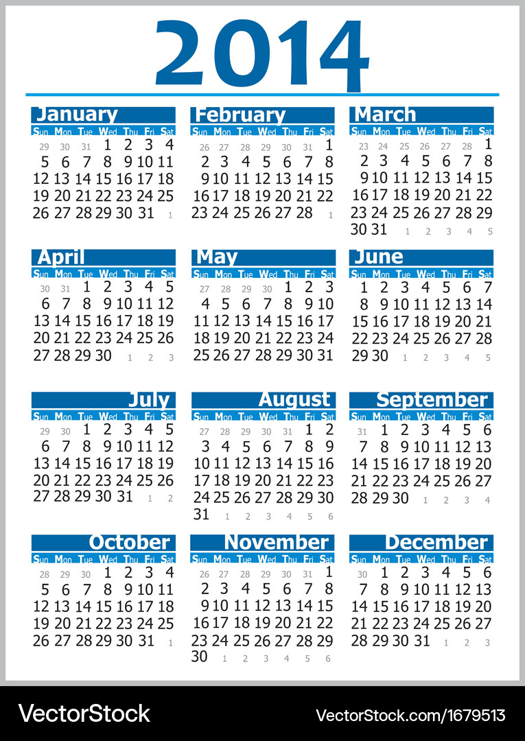 2014 Calendar - Monthly View Royalty Free Vector Image