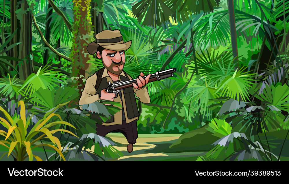 Cartoon serious man hunter with a gun stands Vector Image