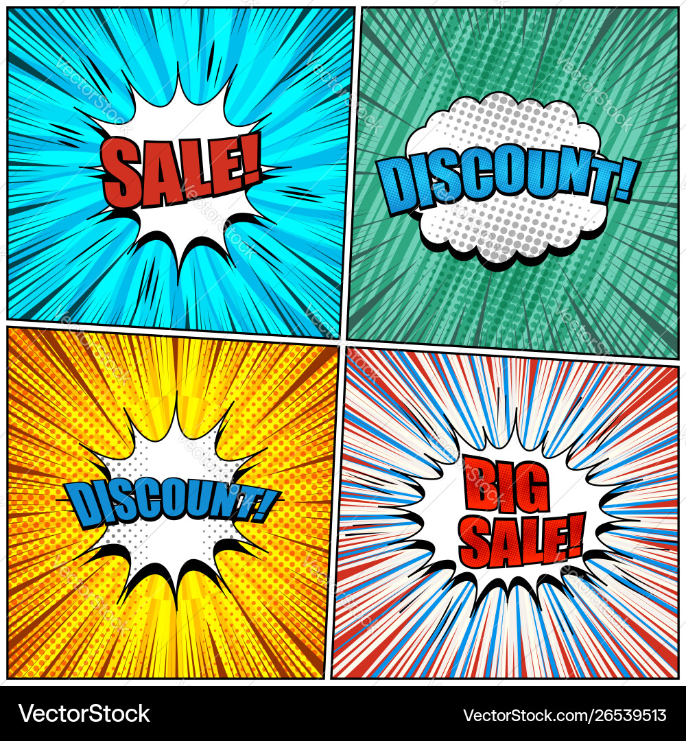 Comic sale and discount backgrounds set Royalty Free Vector