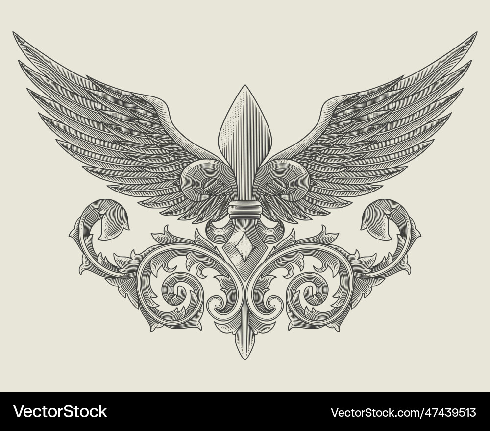 Fleur de lis with wings and ornament floral scroll