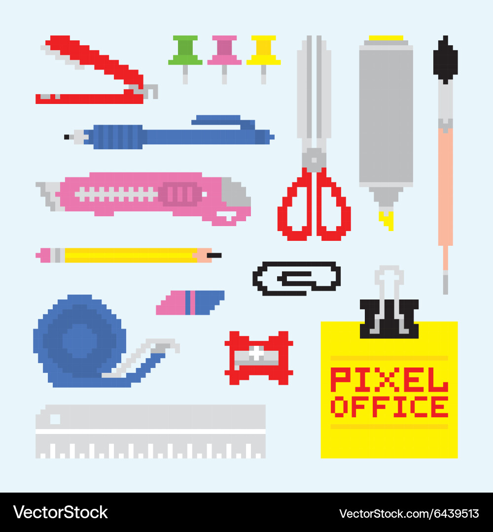 Pixel art isolated office tools set Royalty Free Vector