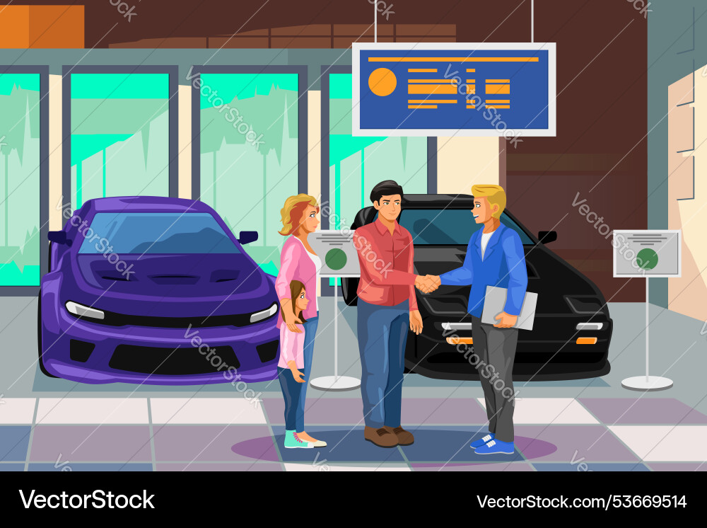 Car salesman talking with customers Royalty Free Vector