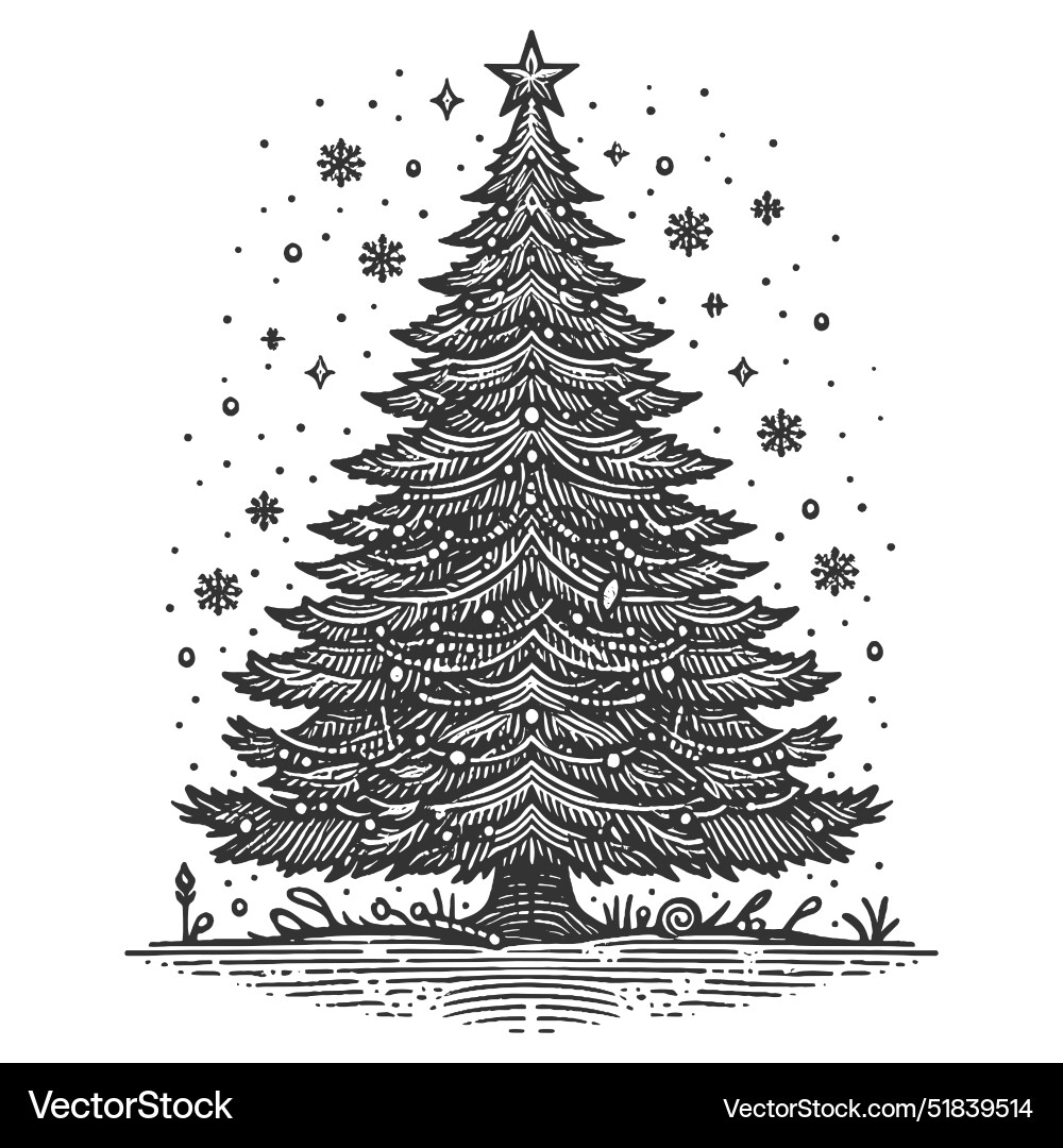 Christmas tree with snowflakes engraving Vector Image