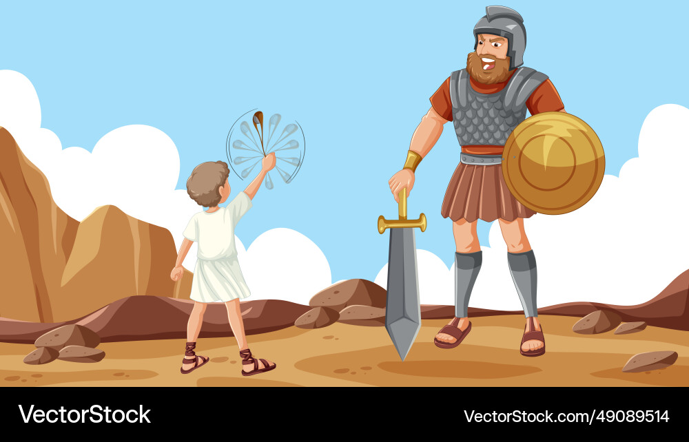 David holding sling fighting goliath a biblical Vector Image