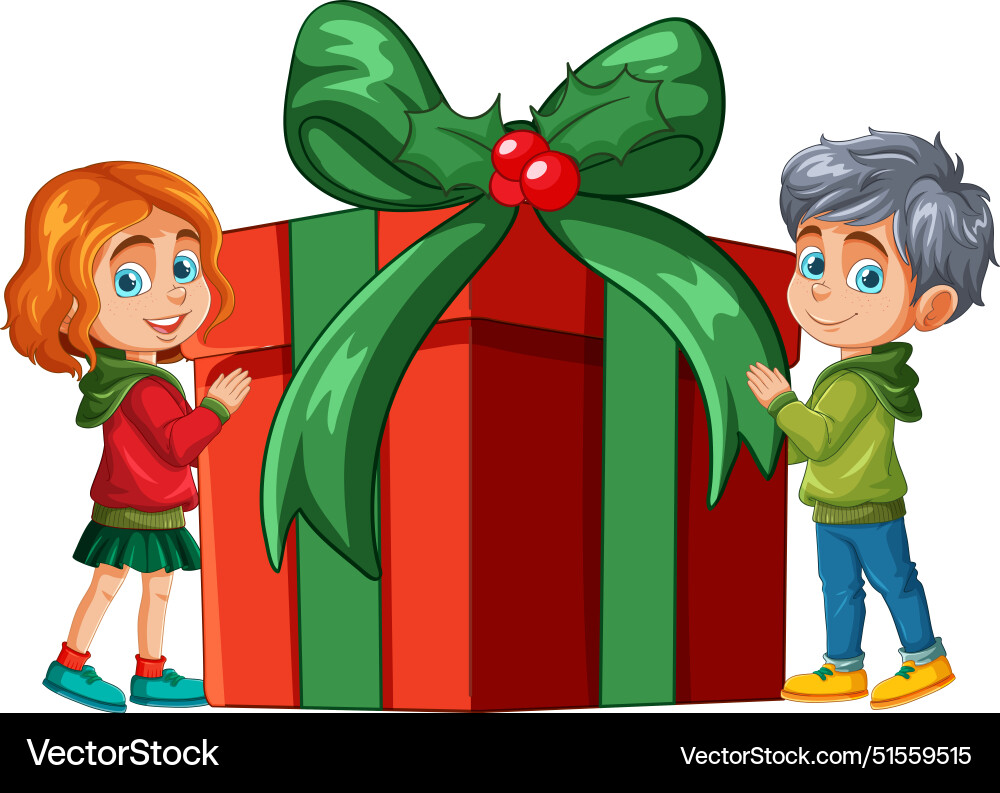 Two kids holding a large wrapped present Vector Image