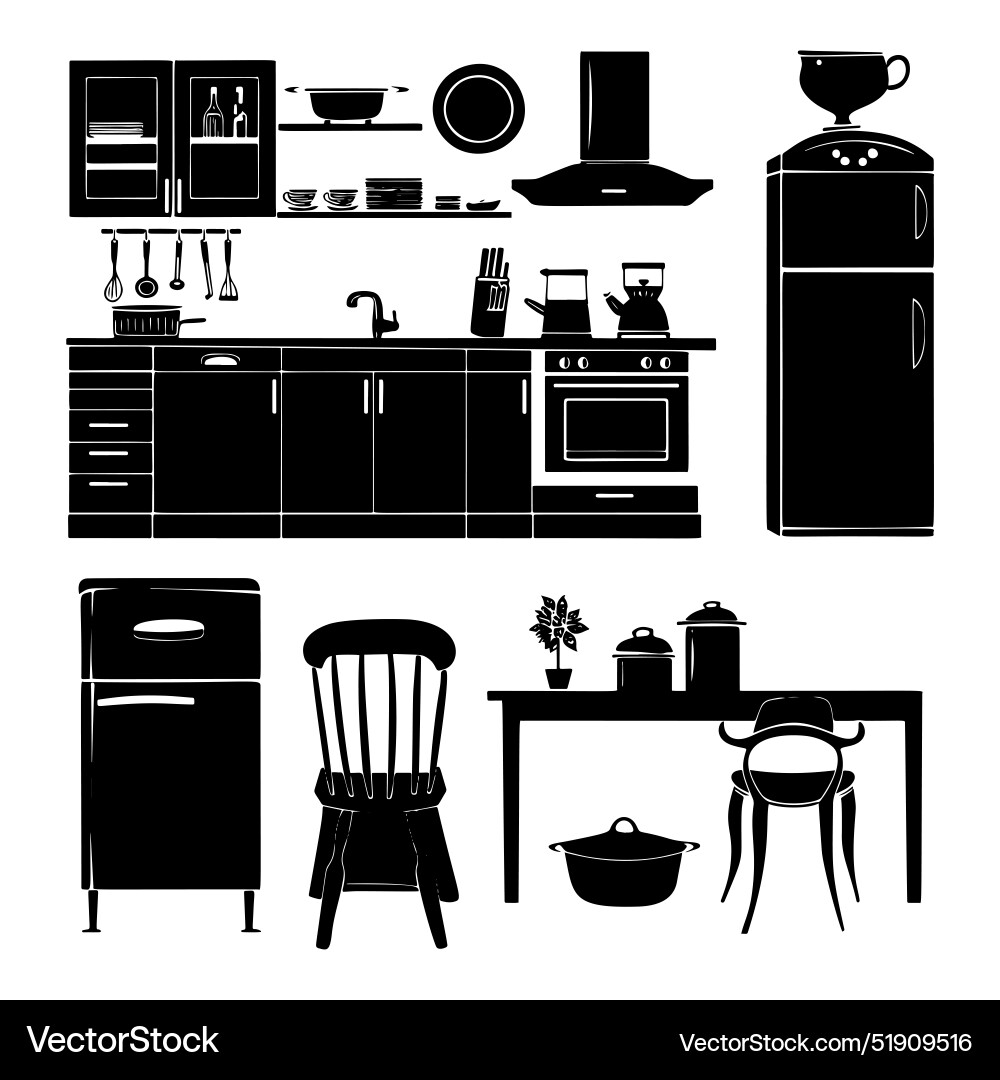 Isolated kitchen themed silhouettes with cabinets Vector Image