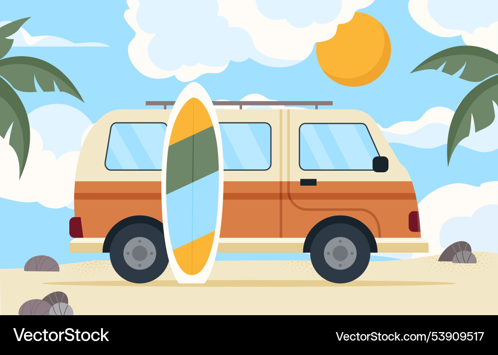 Summer vacation concept van with surfboard Vector Image