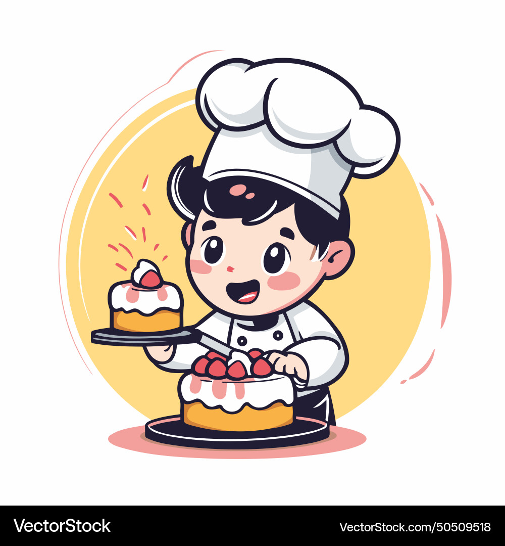 Cute chef boy with cake in cartoon style Vector Image