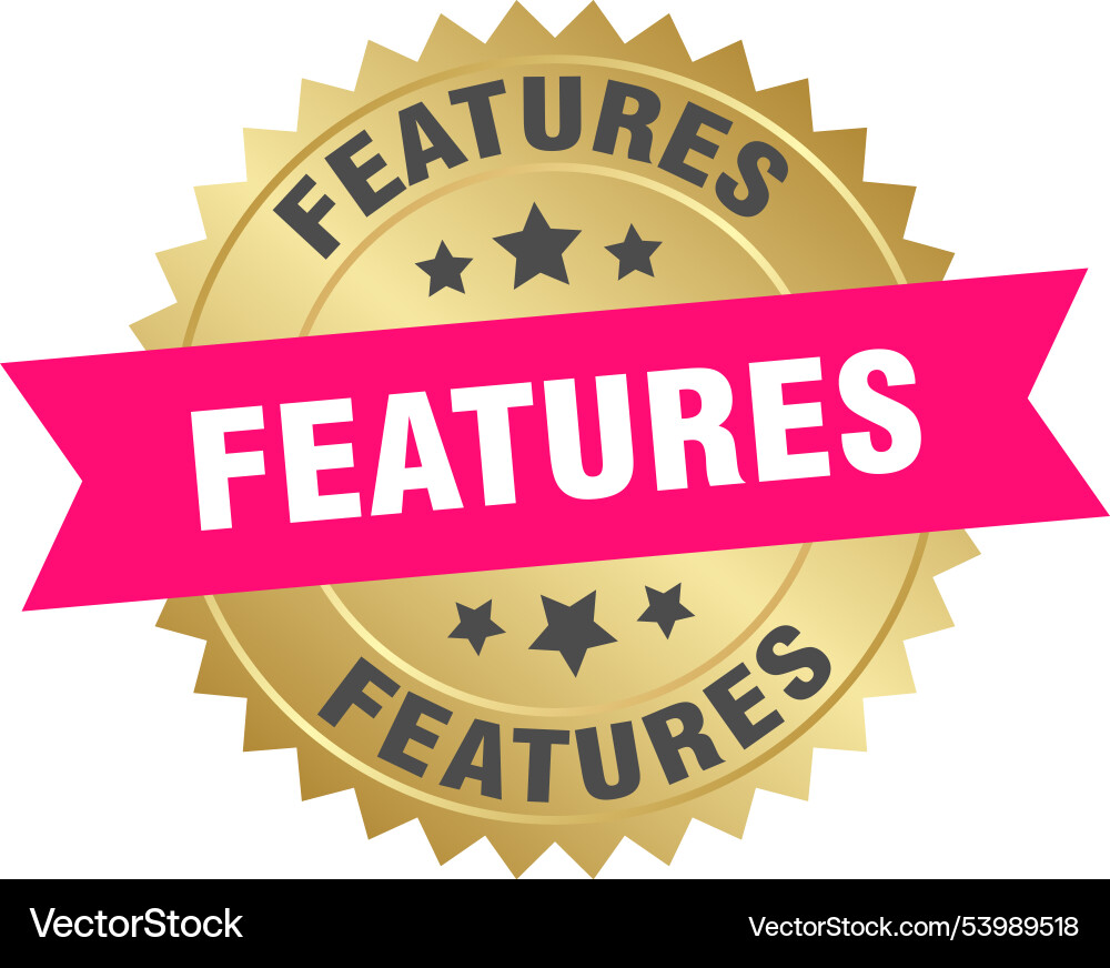 Features round pink and gold label Royalty Free Vector Image