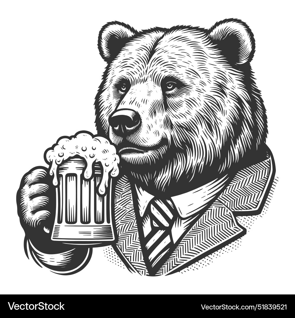 Bear drinking beer engraving Royalty Free Vector Image